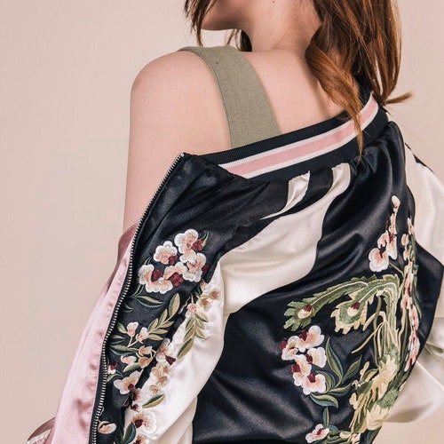 Red Rose Embroidered Reversible Bomber Jacket - Etsy