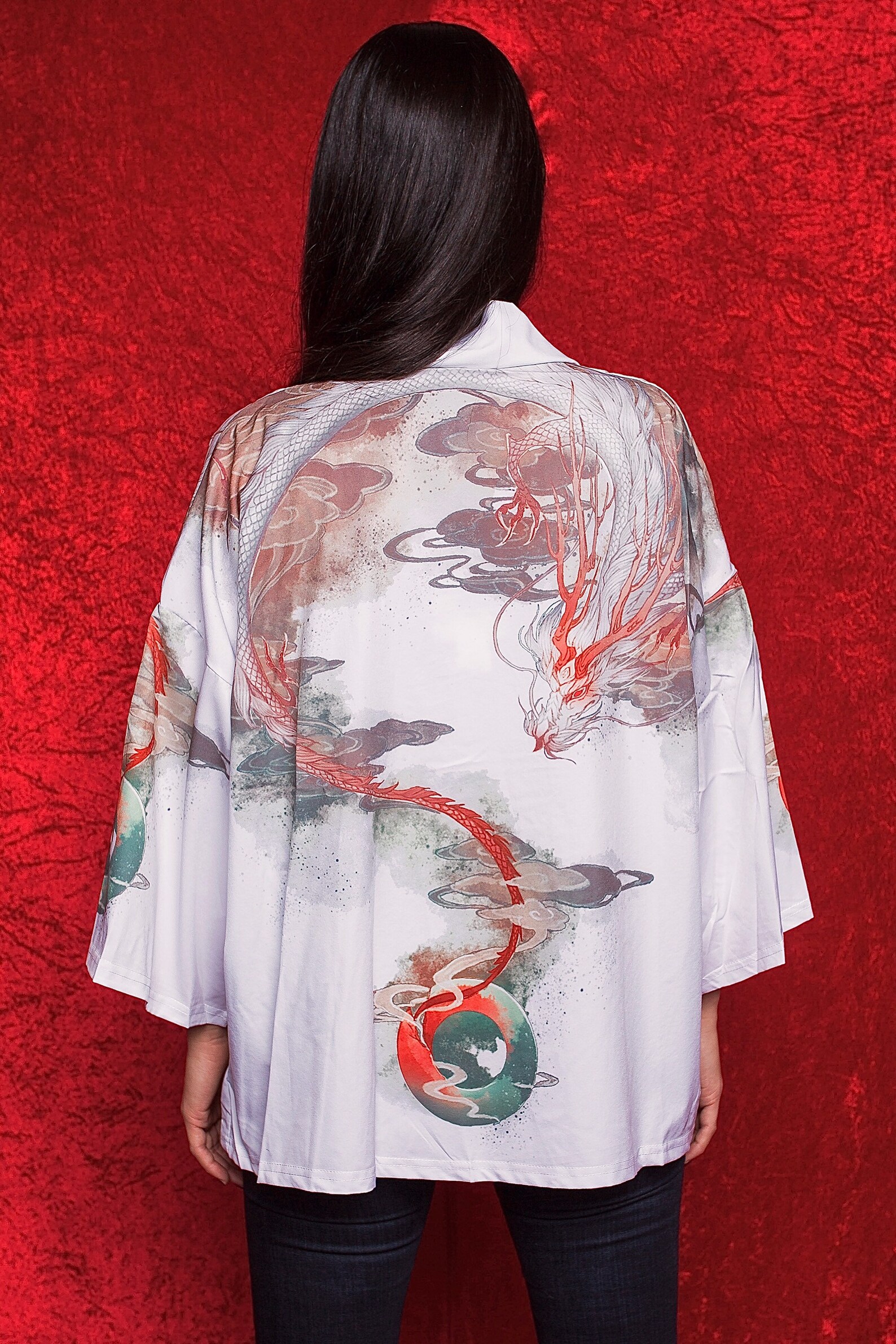 Dancing Dragon Ink Painting Kimono/White Kimono Robe/Ukiyo-e | Etsy