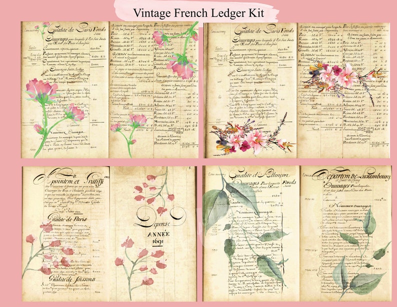 16-page Vintage French Ledger & Flower Junk Journal Kit, Journal ...