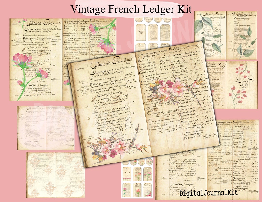 16-page Vintage French Ledger & Flower Junk Journal Kit - Etsy