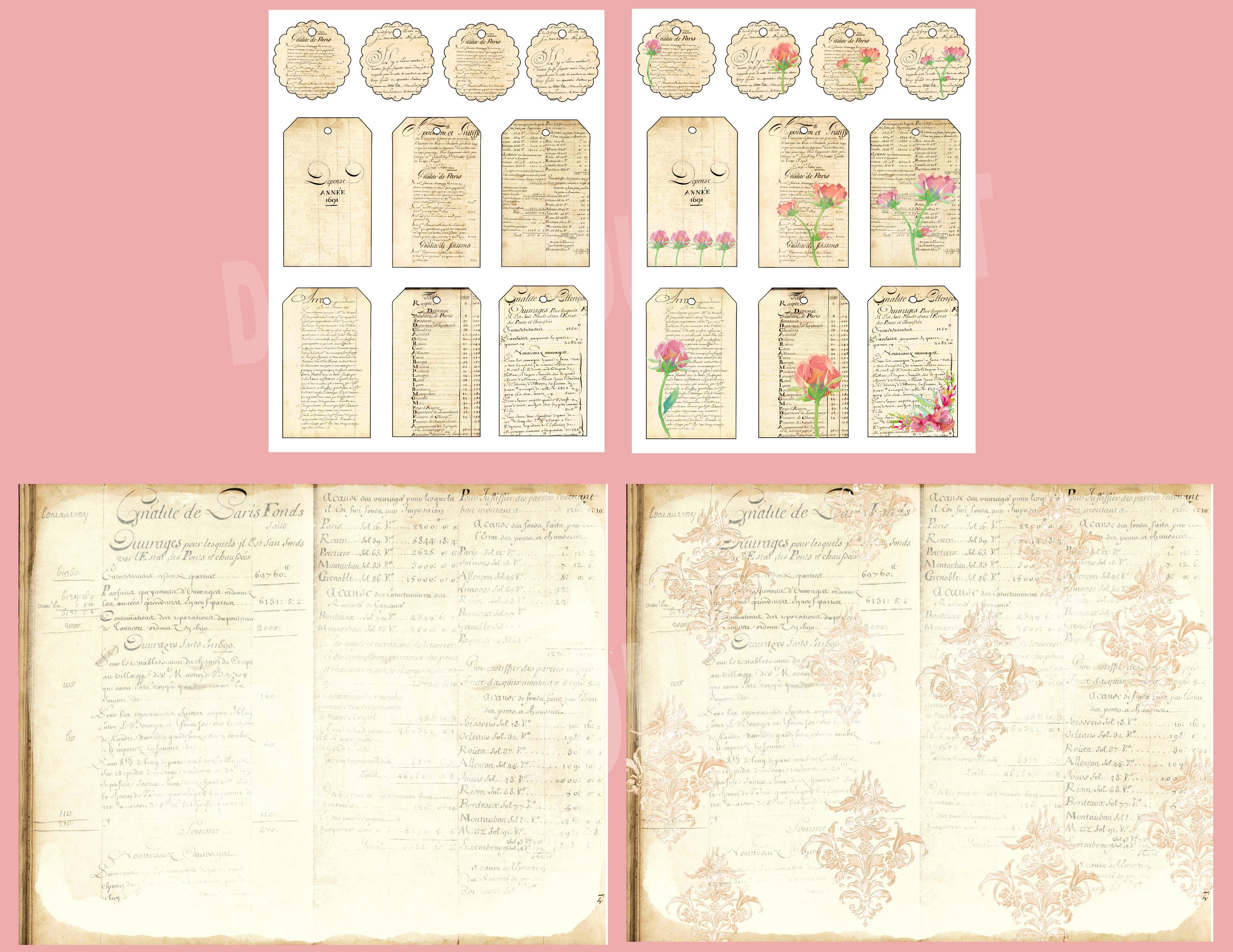 16-page Vintage French Ledger & Flower Junk Journal Kit - Etsy