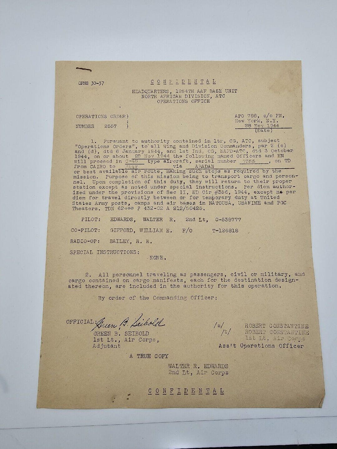 WW2 US Army Air Corps Pilot Official Flight Order Transporting C-46 ...