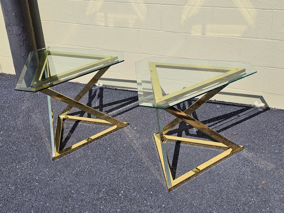 Local Pick up MCM Abstract Triangular Brass Base W Glass Top Accent End ...