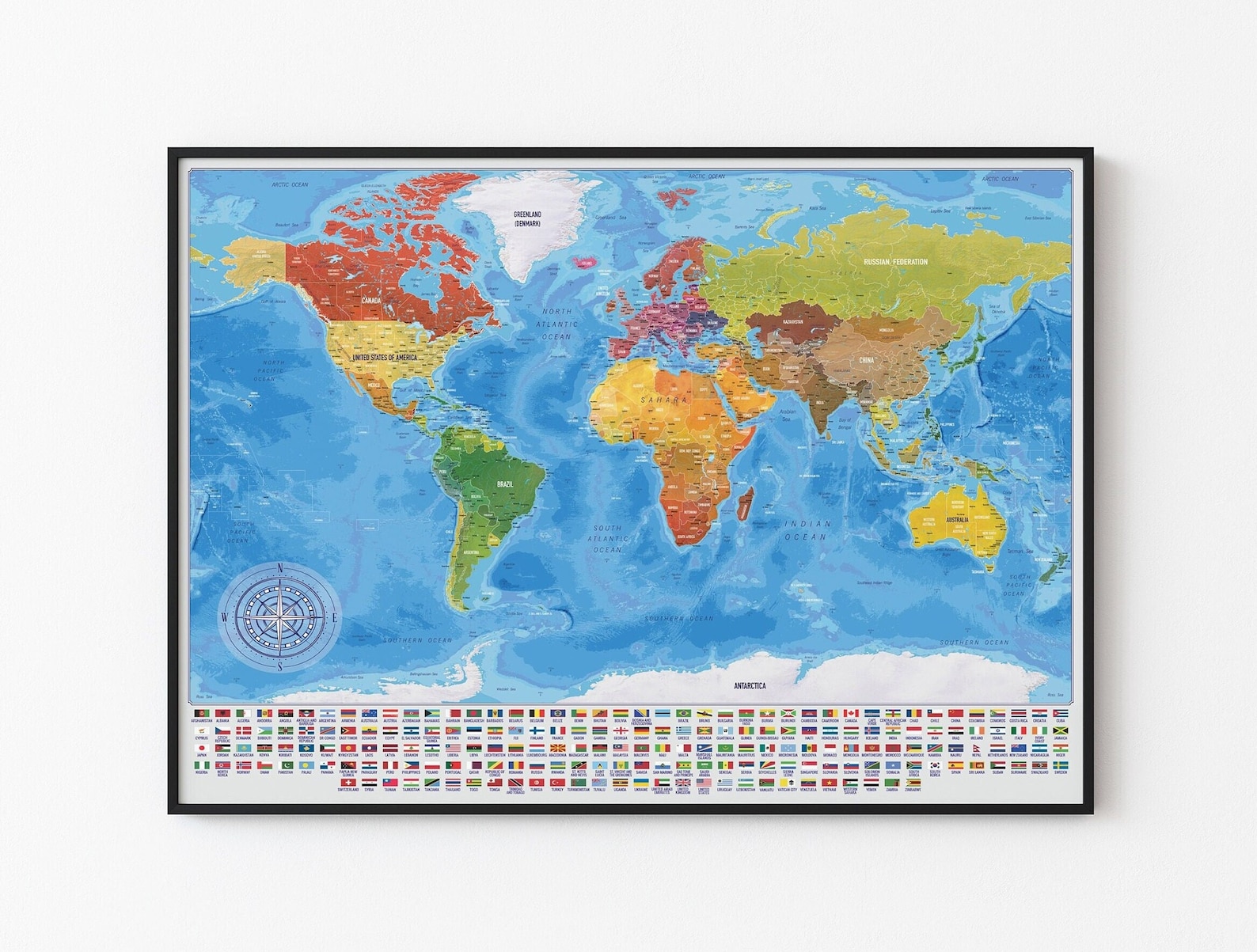 Blue World Map With Flags, High Resolution World Map Poster, Printable ...