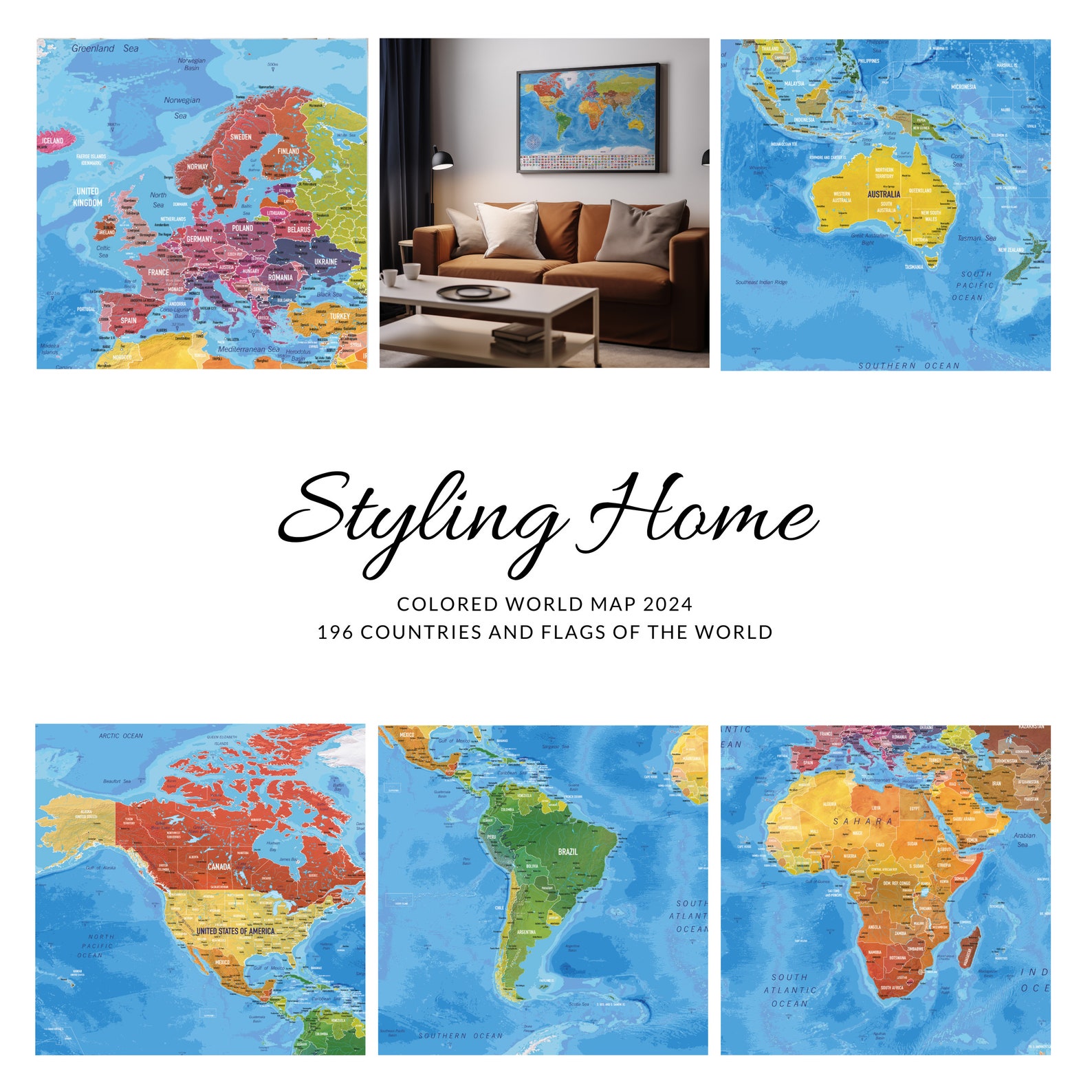 Blue World Map With Flags, High Resolution World Map Poster, Printable ...