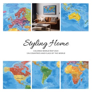 Blue World Map With Flags, High Resolution World Map Poster, Printable Wall Map, Digital World ...