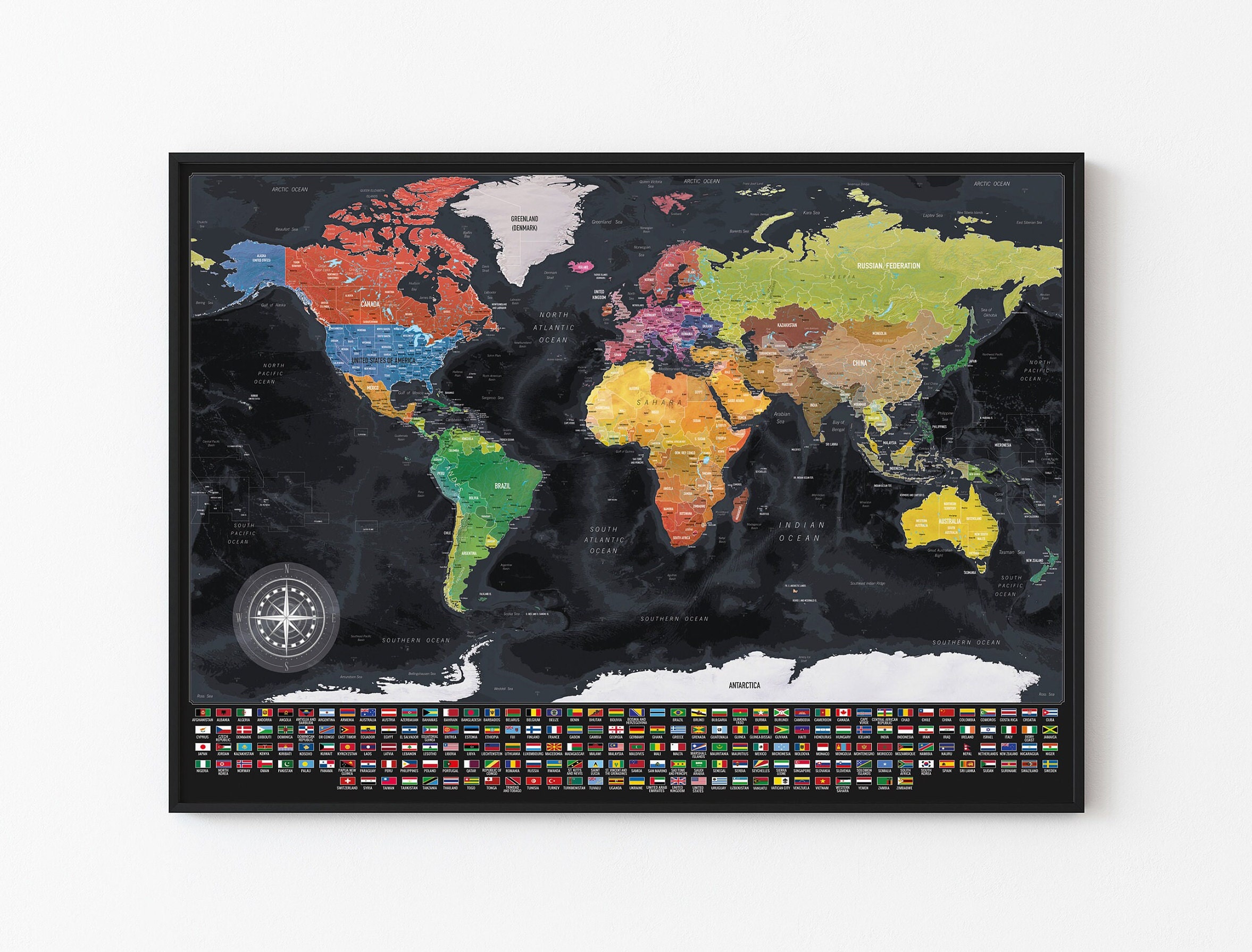 World Map With Flags, World Map Wall Art Poster, Printable Map ...