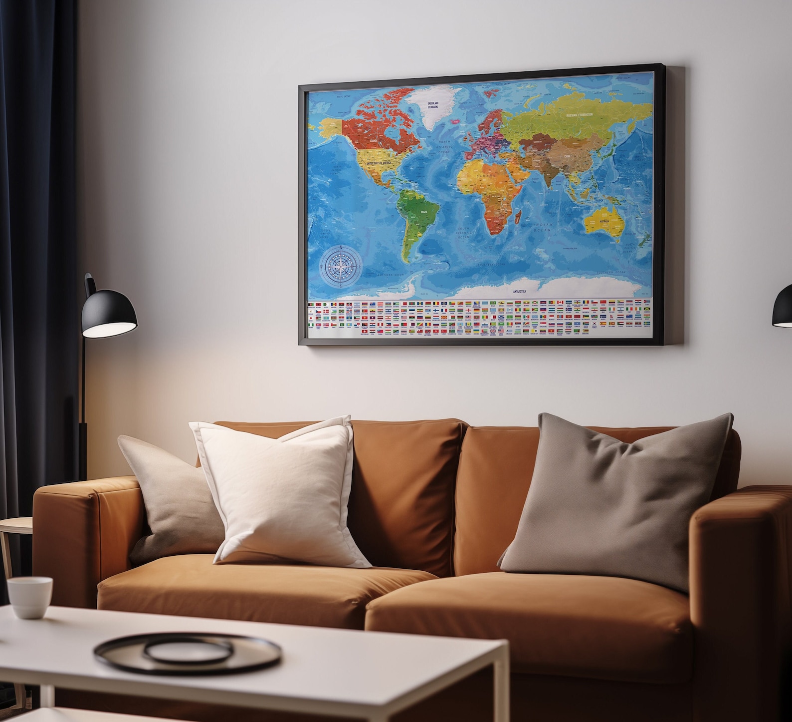 Blue World Map With Flags, High Resolution World Map Poster, Printable ...