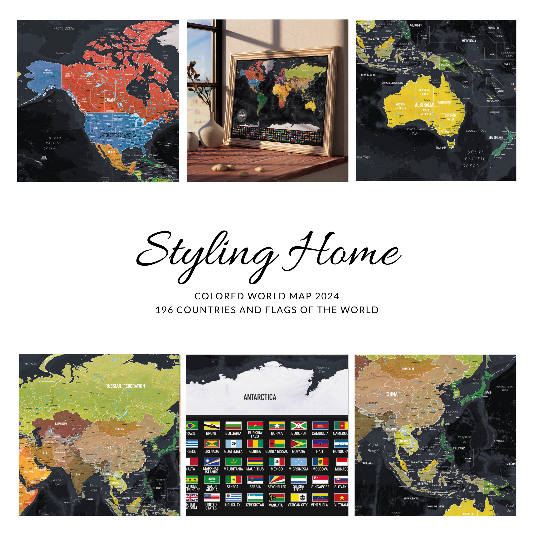 World Map With Flags, World Map Wall Art Poster, Printable Map ...