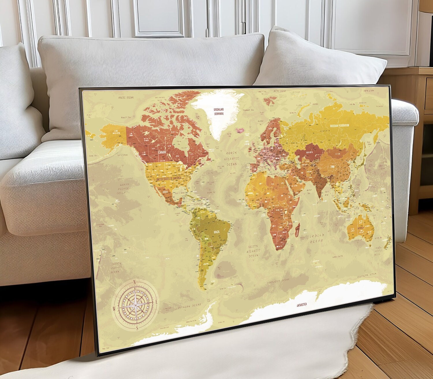 Vintage Map High Resolution World Capitals Map, Printable Wall Map, Terrain Shaded Relief ...