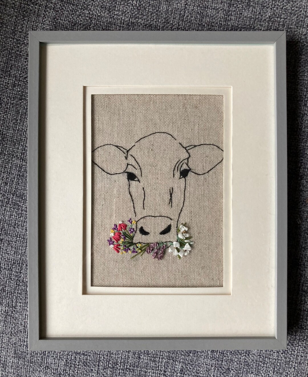 Hand Embroidered Cow Eating Flowers Picture - Etsy