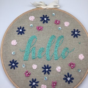 Hand Embroidered Word Art - Hello - Hoop - Etsy