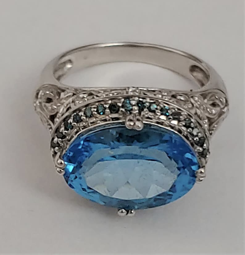 Meda 14k White Gold Blue Topaz With Blue Diamonds Cocktail Ring Size 7 ...