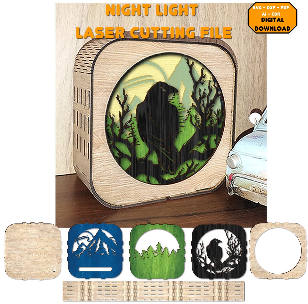 Crow Night Light Laser Cutting File. Crow and Mountains Light Box ...