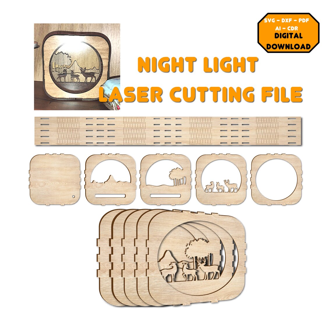 Night Lamp With Deer Laser Cutting File. Deers and Mountains Light Box ...