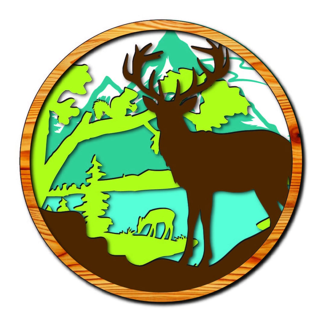 Deer Laser Cut File. Deer, Mountains and Lake, 4-layer Laser Cut File ...