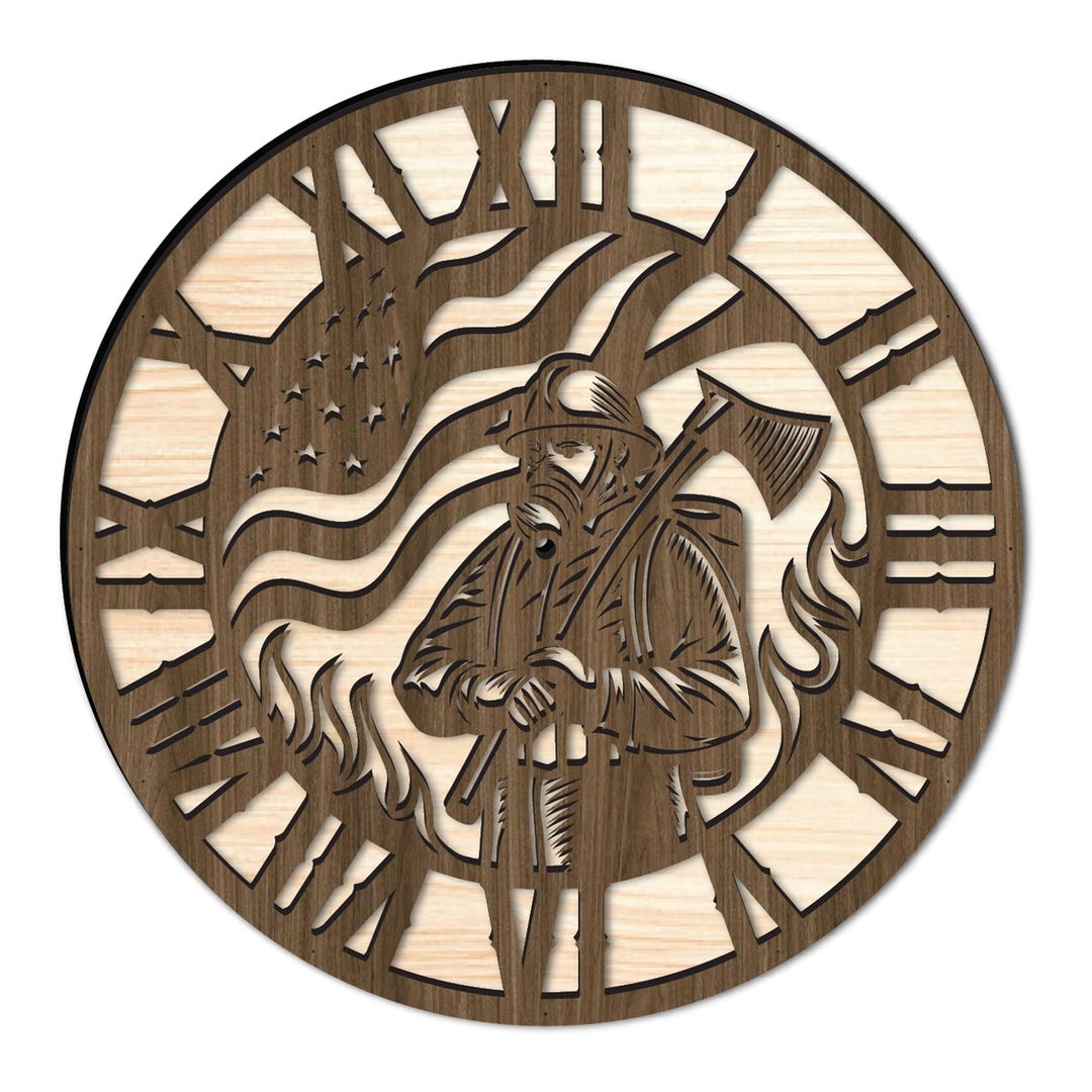 Fireman Svg for Laser. Wall Clock Fireman and American Flag for Laser ...