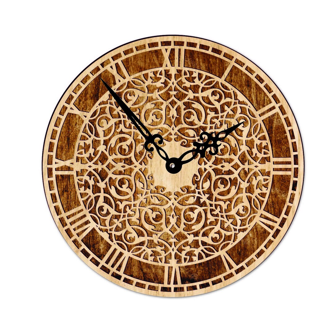 Wood Carved Laser Cut Wall Clock. Wooden Wall Clock. Cdr, Ai, Svg, Pdf ...