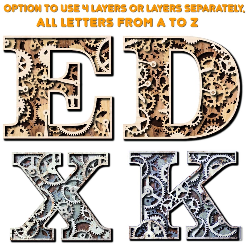 Gear Font Alphabet Set Laser Cut File. Gear Letters With Layer Options ...