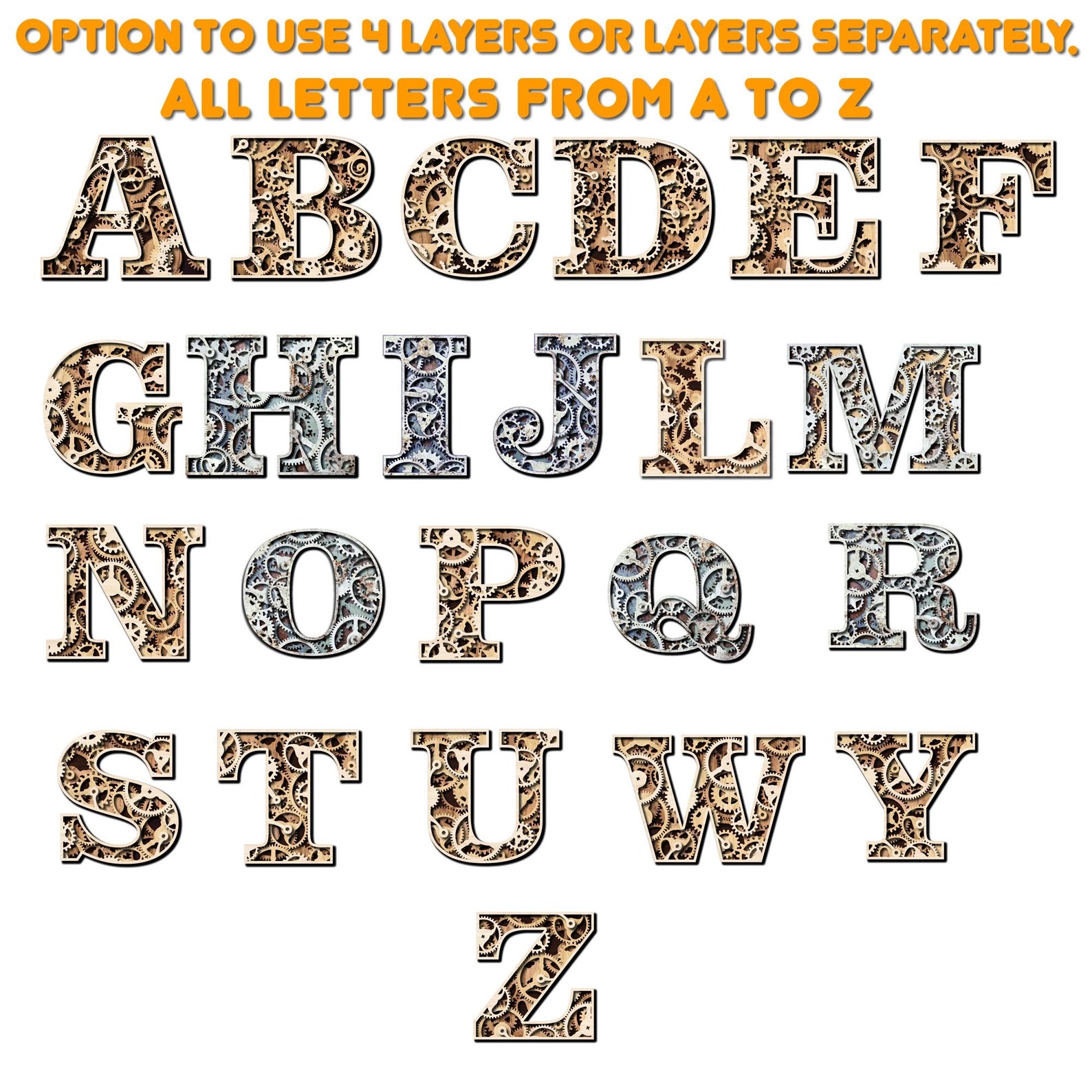 Gear Font Alphabet Set Laser Cut File. Gear Letters With Layer Options ...
