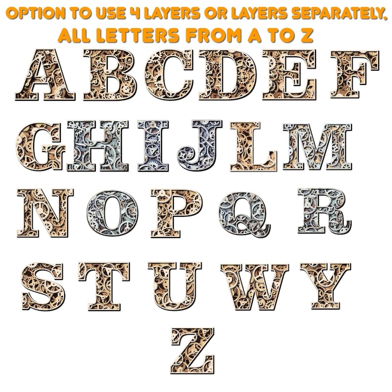 Gear Font Alphabet Set Laser Cut File. Gear Letters With Layer Options ...