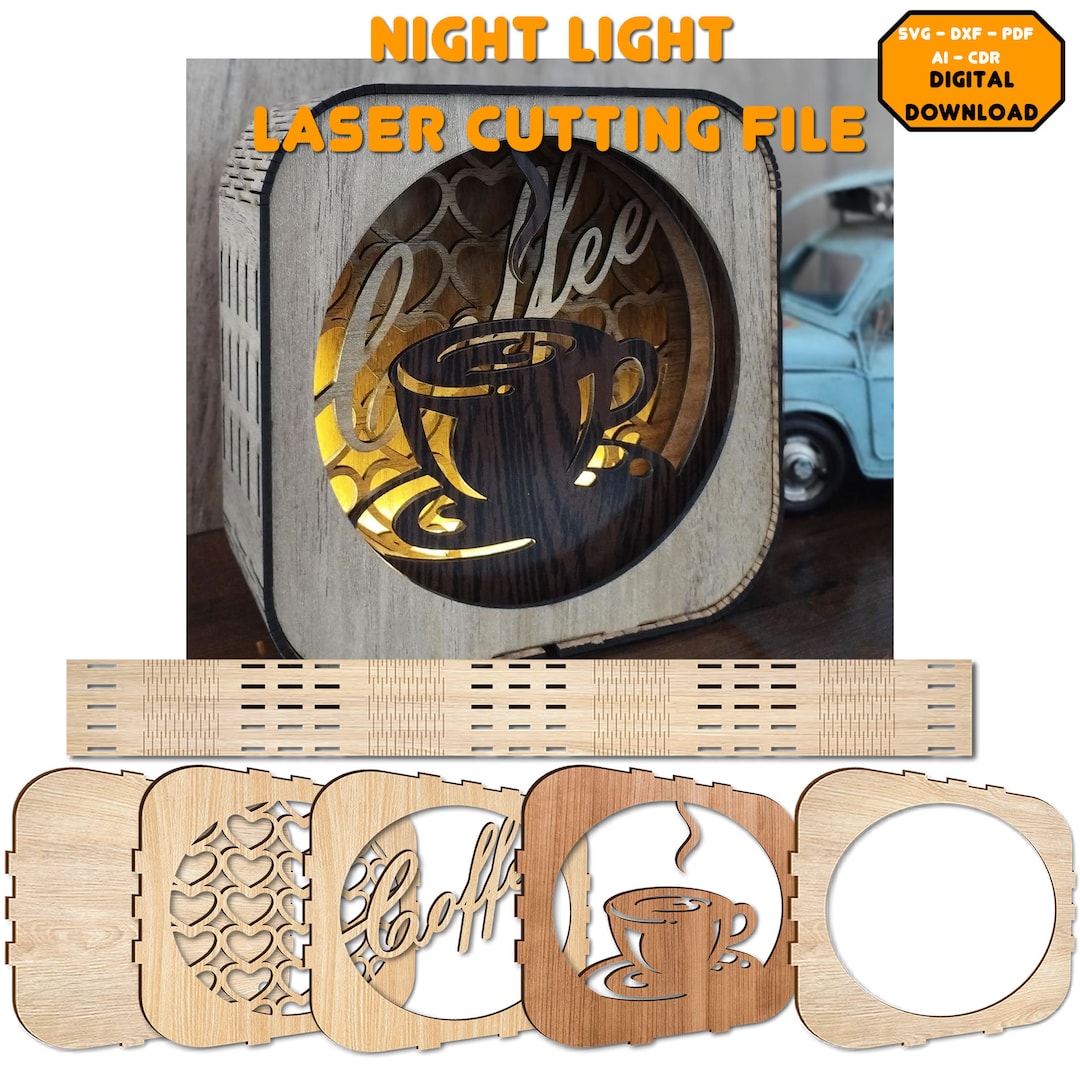 Coffe Corner Night Light Laser Cutting File. Coffee and Heart Light Box ...