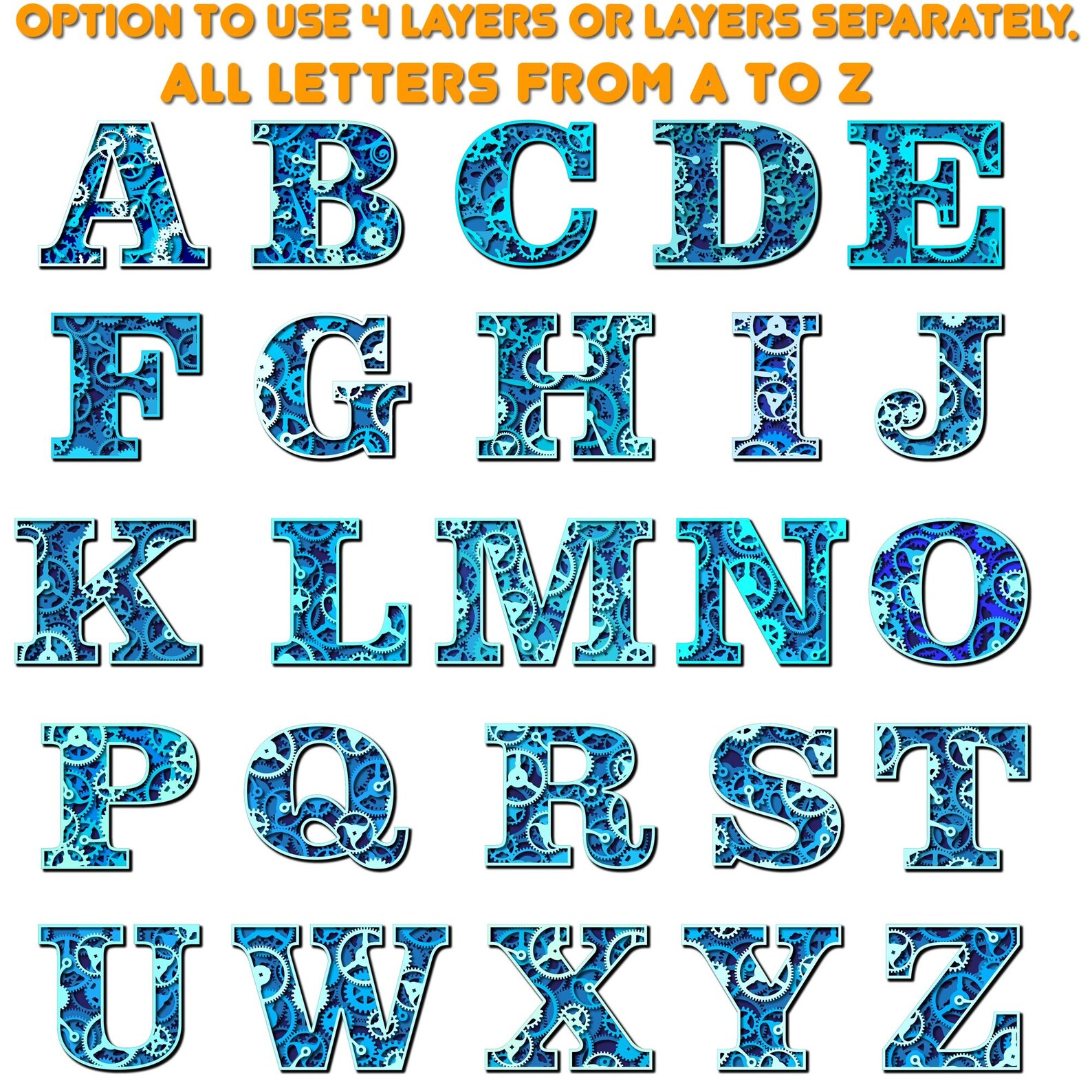 Gear Font Alphabet Set Laser Cut File. Gear Letters With Layer Options ...