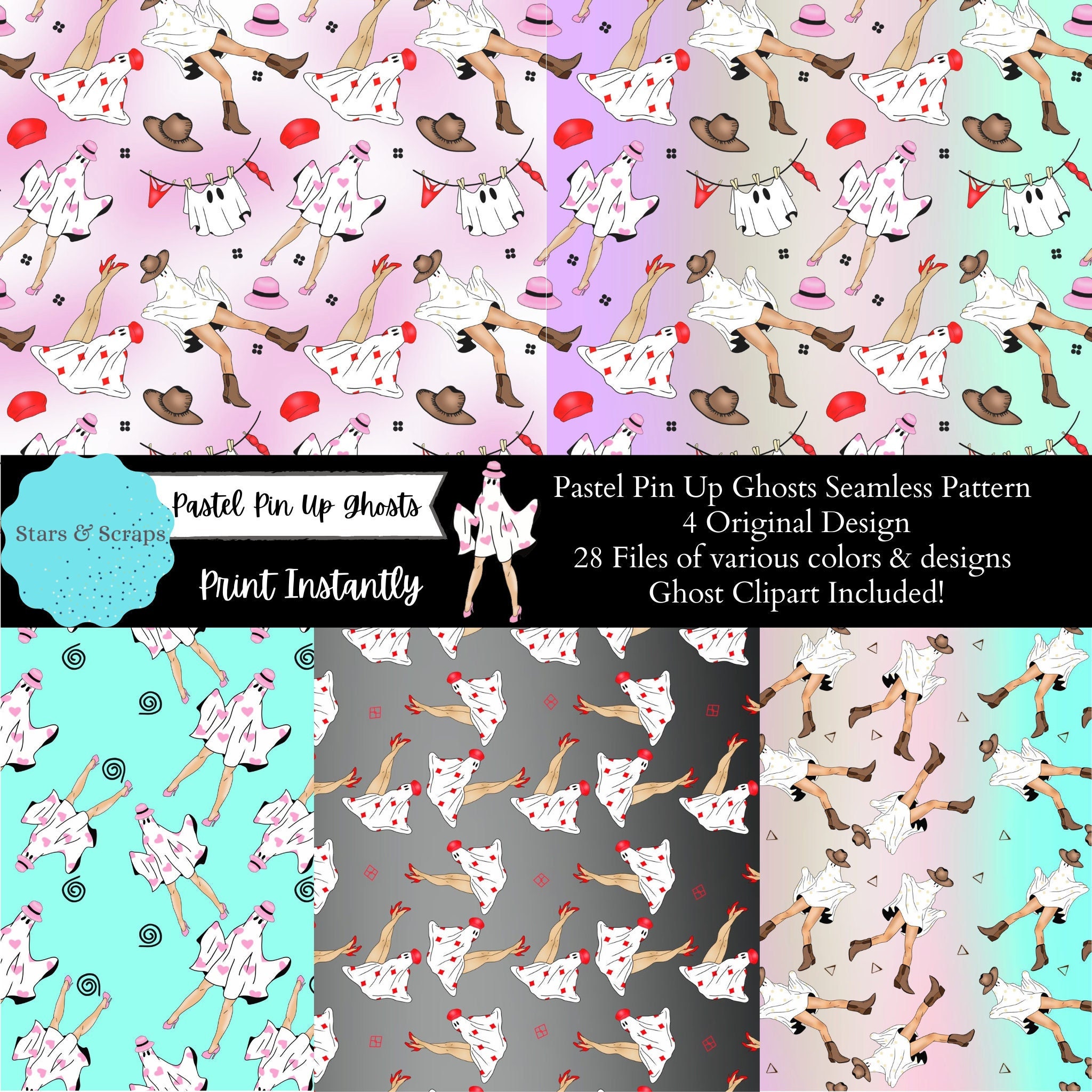 Pastel Pinup Ghosts Seamless Pattern Spooky Pastel Sexy Ghost Digital ...