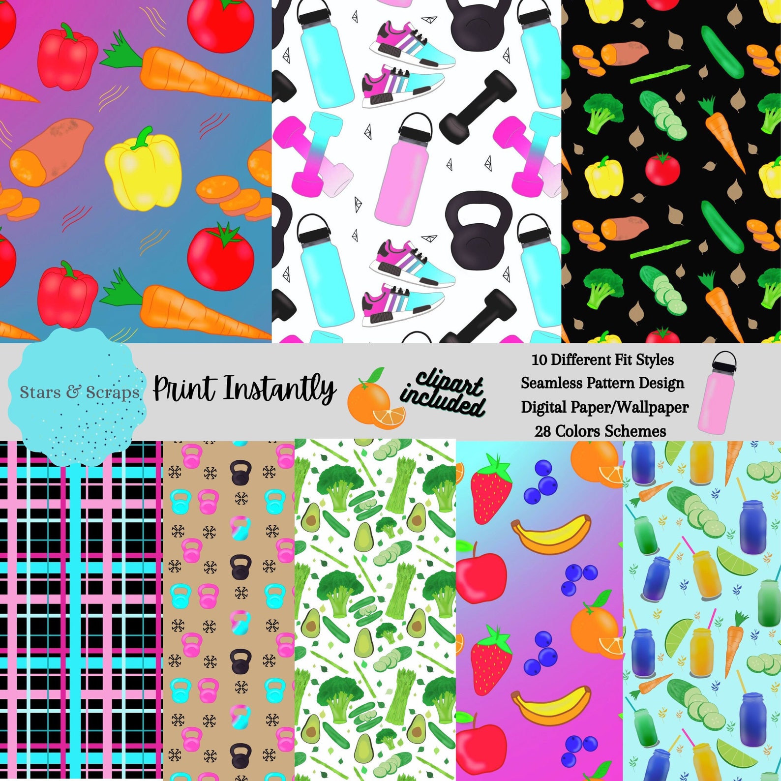 Health Digital Scrapbook Paper Vegetables Seamless Pattern Fitness Junk ...