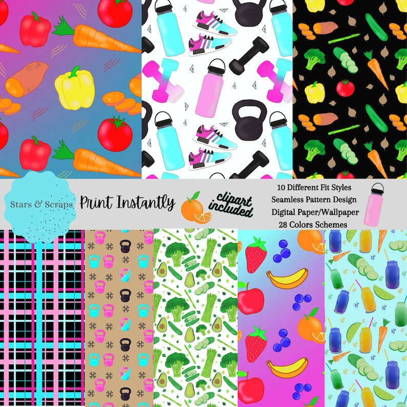 Health Digital Scrapbook Paper Vegetables Seamless Pattern Fitness Junk ...