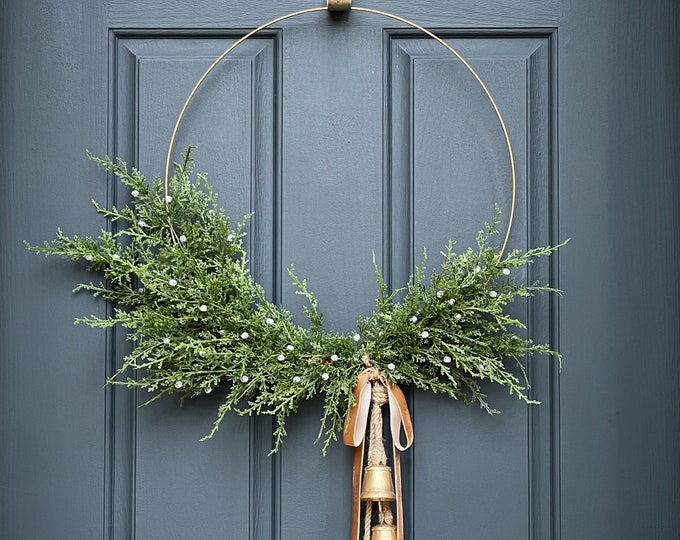 Modern Juniper Christmas Wreath With Hanging Gold Bells | Minimalist ...