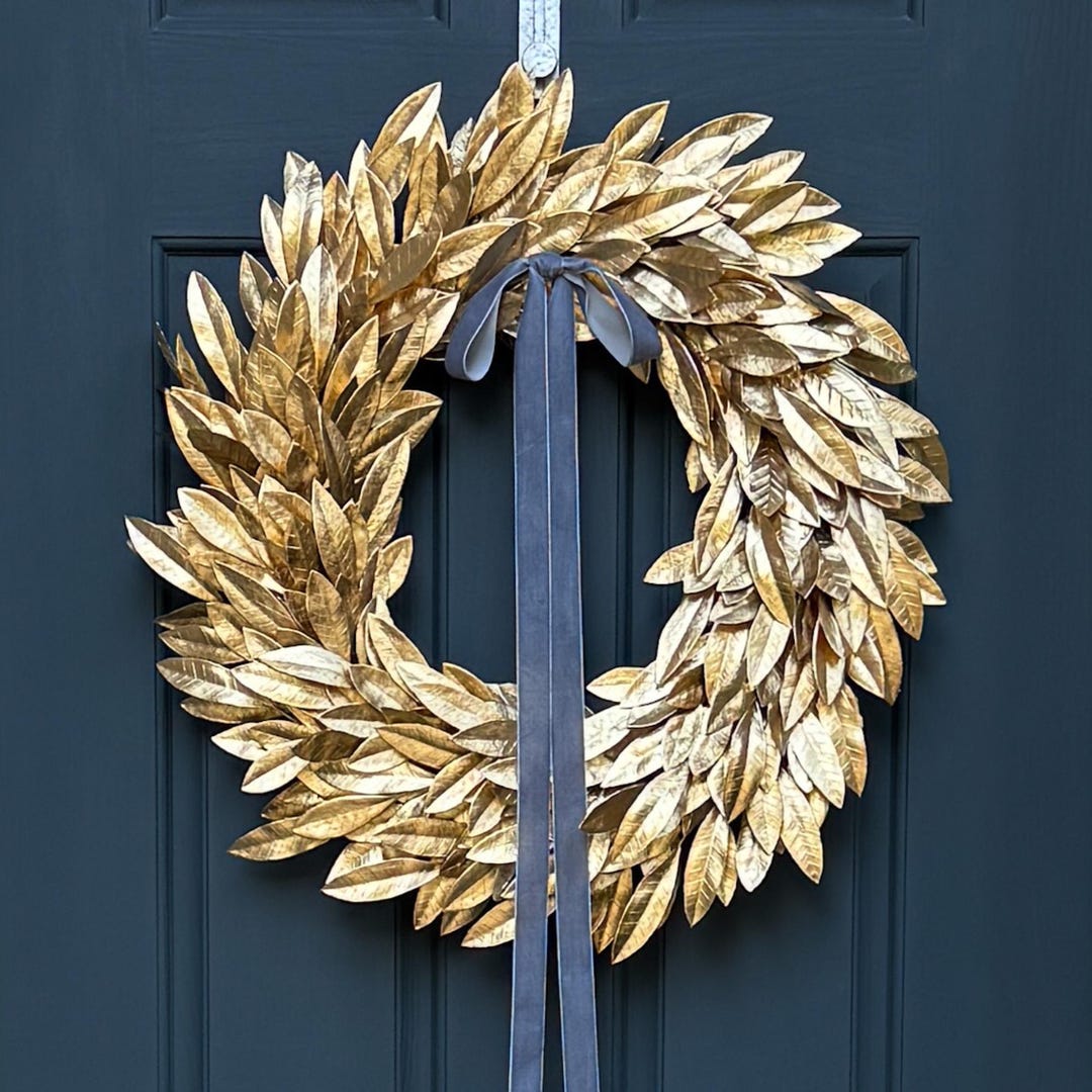Gold Bay Leaf Wreath With Blue Velvet Bow for Front Door | Spring Event ...