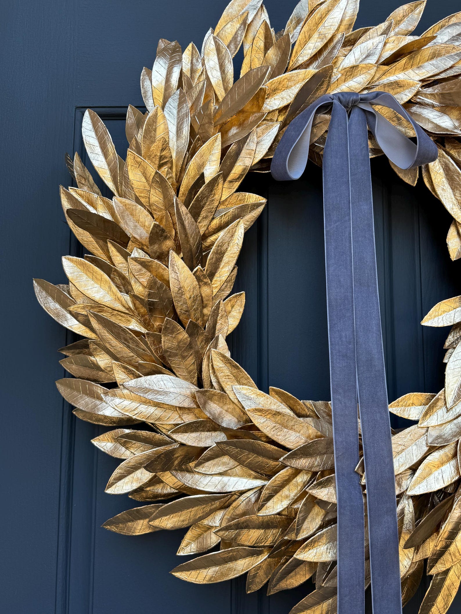 Gold Bay Leaf Wreath With Blue Velvet Bow for Front Door | Spring Event ...