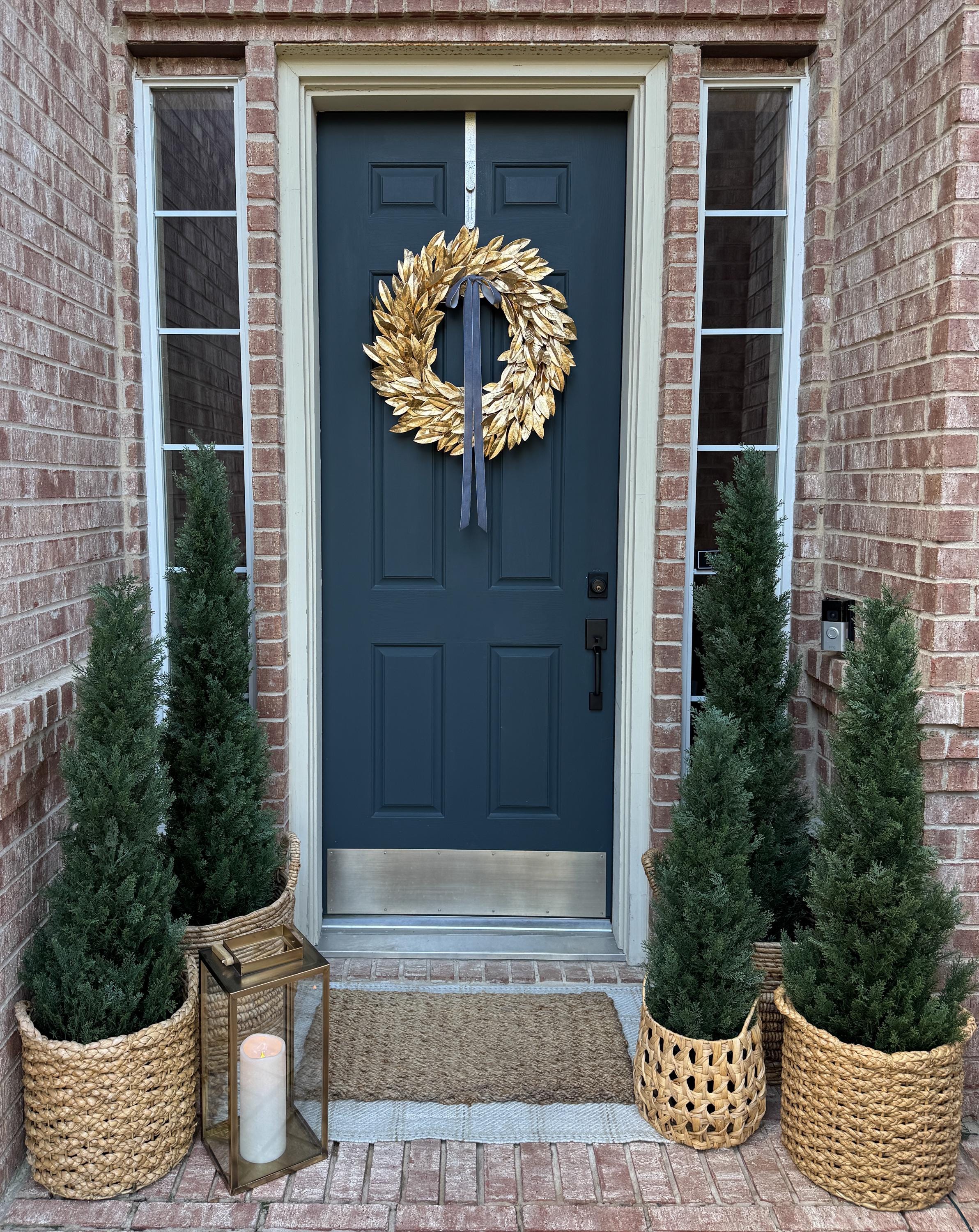 Gold Bay Leaf Wreath With Blue Velvet Bow for Front Door | Spring Event ...