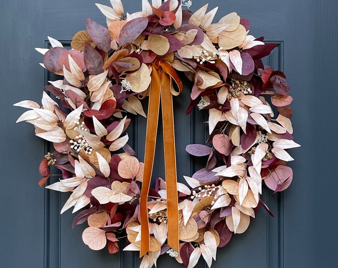Cream and Rust Fall Wreath Eucalyptus and Berries Autumn Wreath Front ...