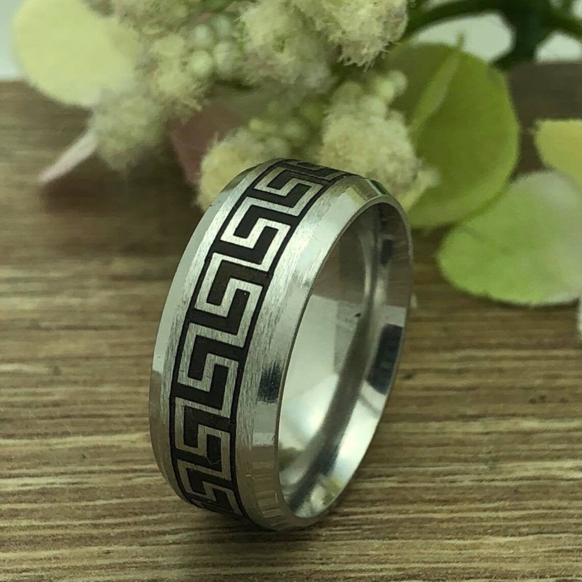 Greek Key Ring Two Tone Stainless Steel Wedding Band | Etsy