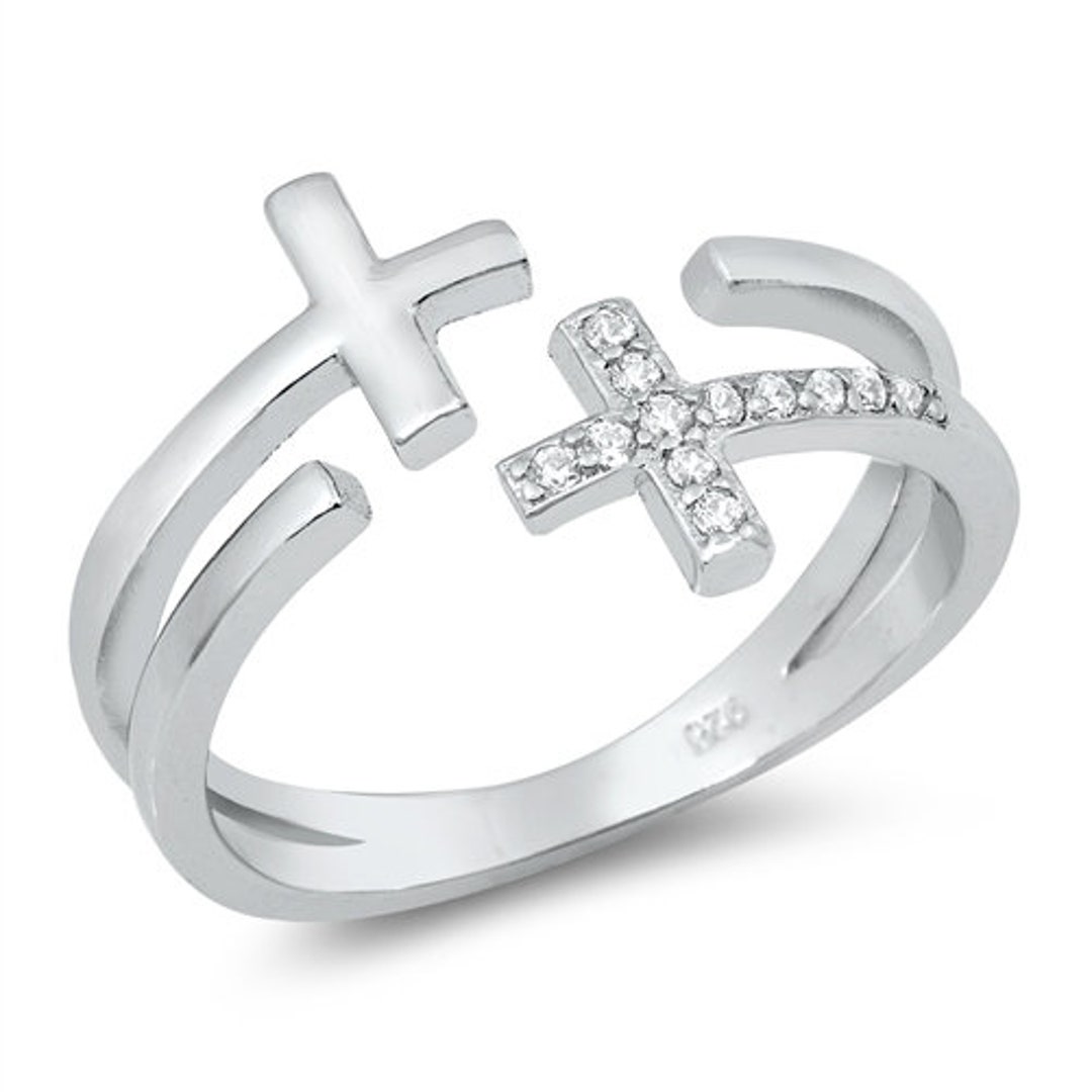 Cross Ring, Sterling Silver Double Cross Ring, Christian Cross Cz Ring ...