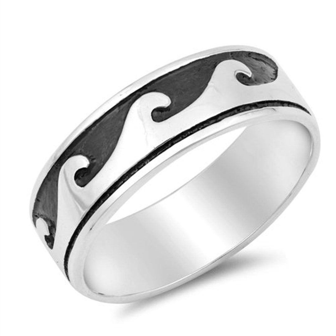 7mm Wave Ring, Sterling Silver, Casual Beach Band, Engraved Waves ...