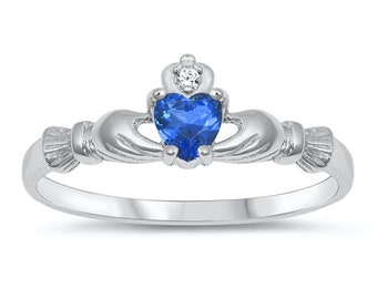 Blue Sapphire Heart Claddagh Ring 14K White Gold Ring With - Etsy