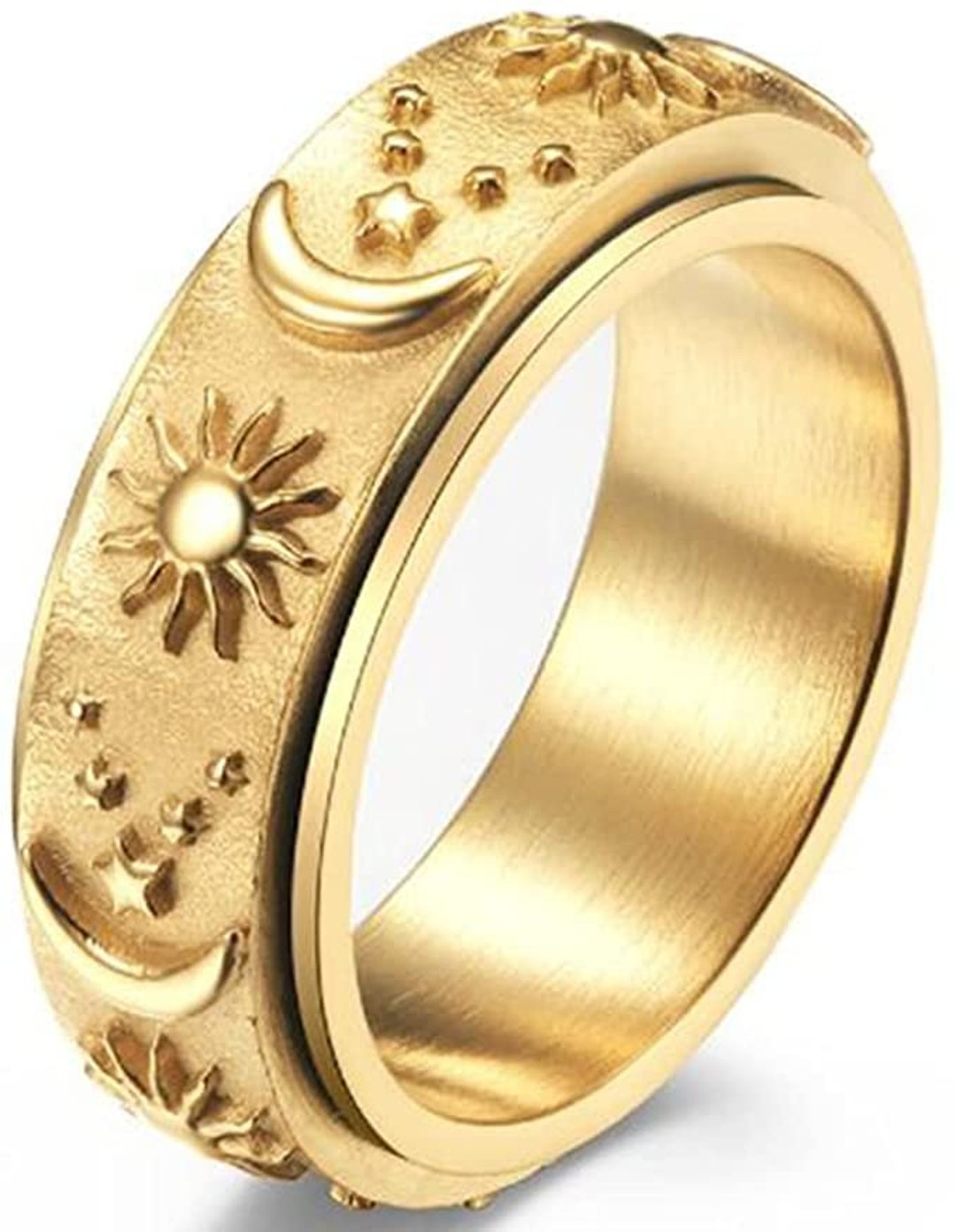 Sun Moon and Stars Ring, Gold Plated Stainless Steel Spinner Ring With ...
