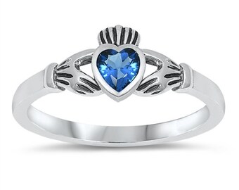 Blue Sapphire Heart Claddagh Ring 14K White Gold Ring With - Etsy