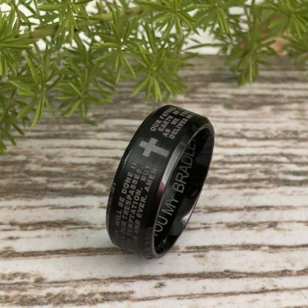 Tungsten Wedding Ring Men's Tungsten Ring With Cross and Lords Prayer ...