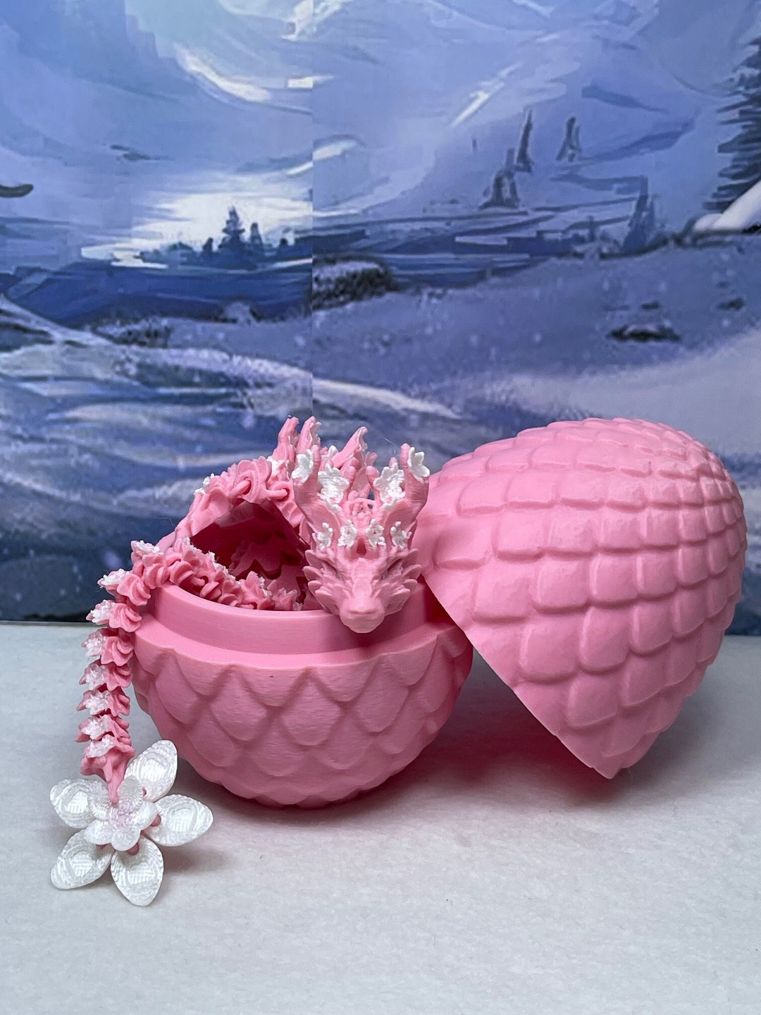 3D Printed Dragon With Dragon Egg, Articulated Pink and White Cherry ...