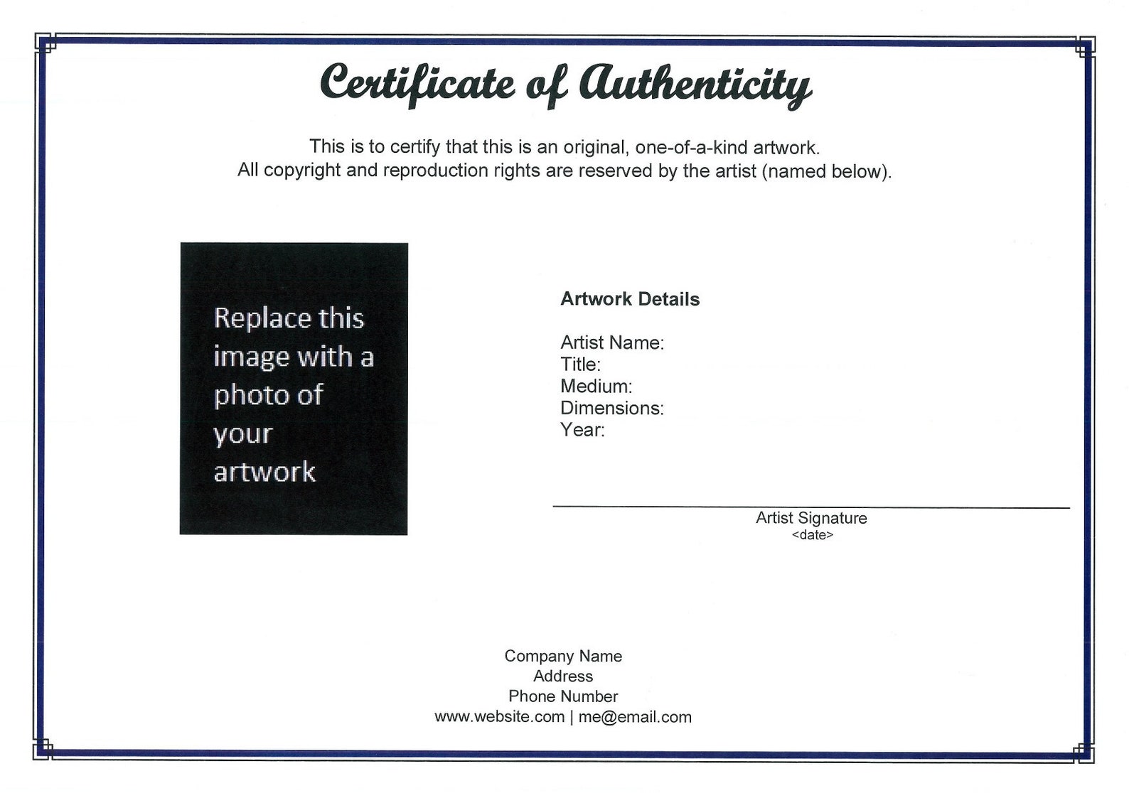 Certificate of Authenticity (with Photograph) for A4 Sized Paper ...