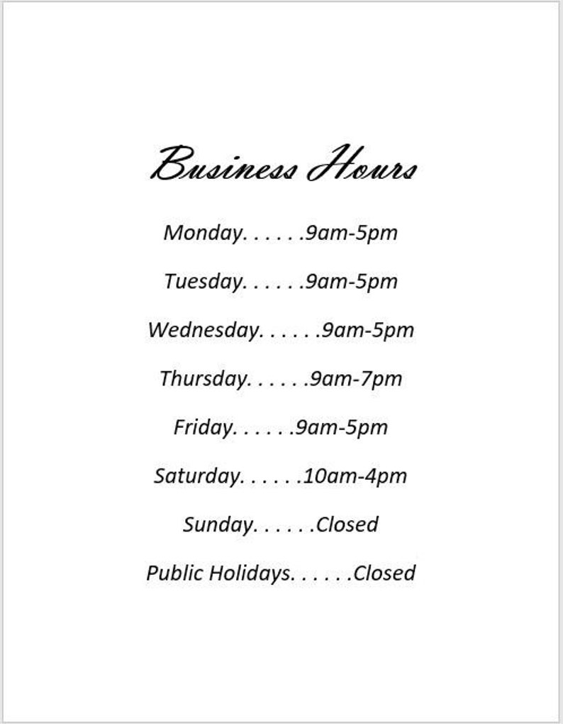Business Hours/hours of Operation *DIGITAL DOWNLOAD* Editable and ...