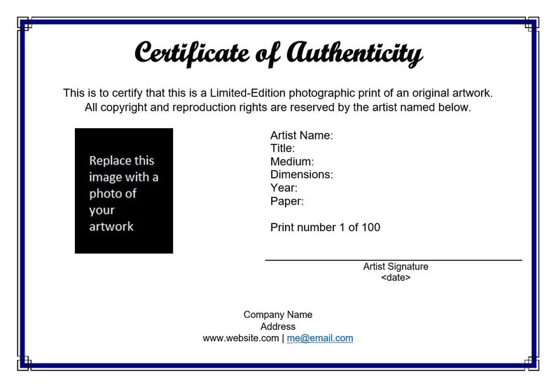 Certificate of Authenticity for Limited Edition Photographic Print ...