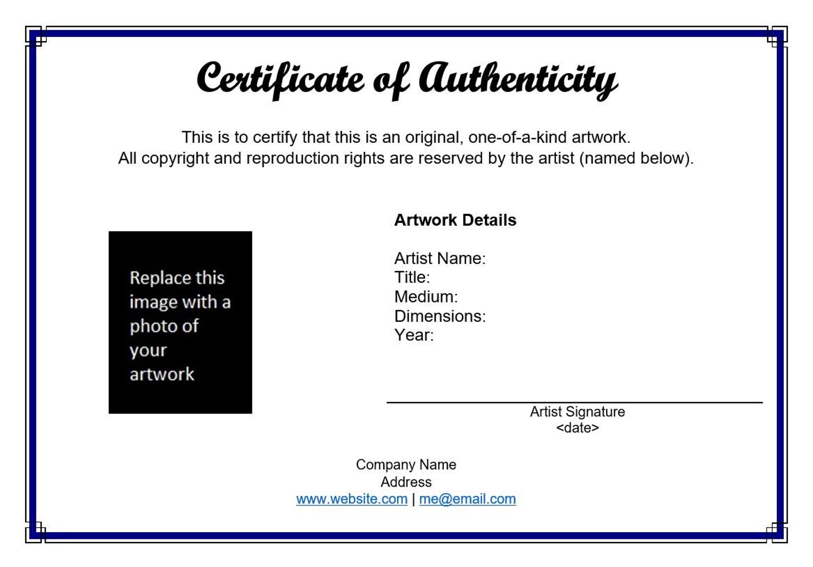 Certificate of Authenticity (with Photograph) for A5 Sized Paper ...