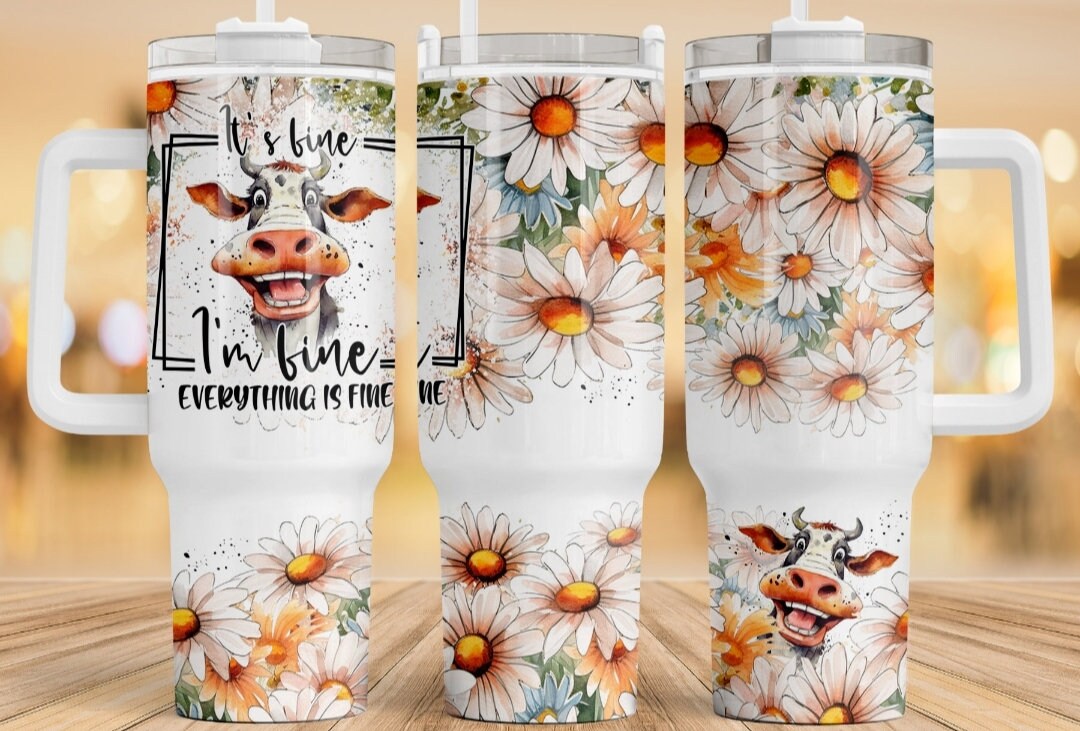 I'm Fine Cow 40oz TUMBLER, Handle Cup, Drinkware, Keeps Drinks Hot or ...