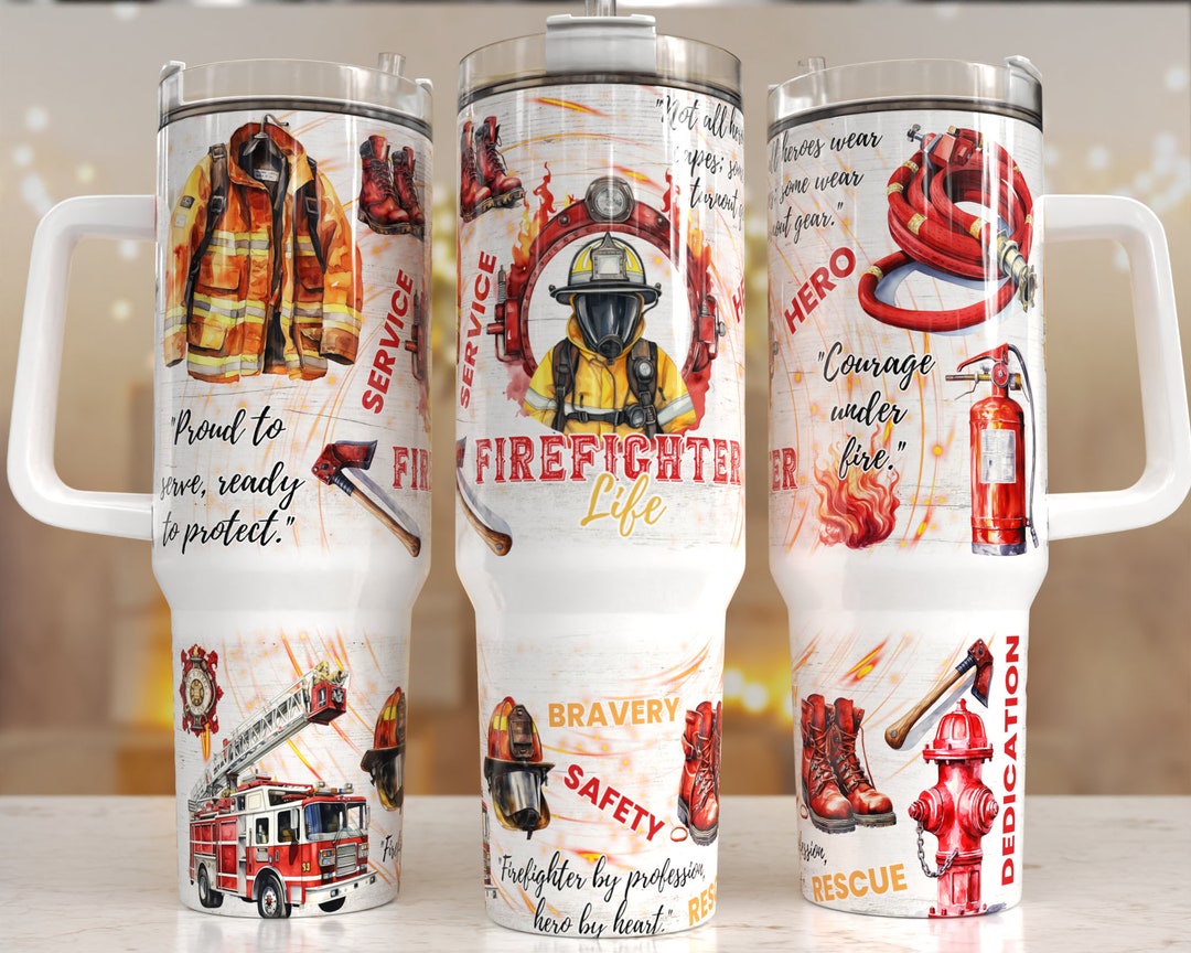 Firefighter 40oz TUMBLER, Handle Cup, Fire Drinkware, Keeps Drinks Hot ...