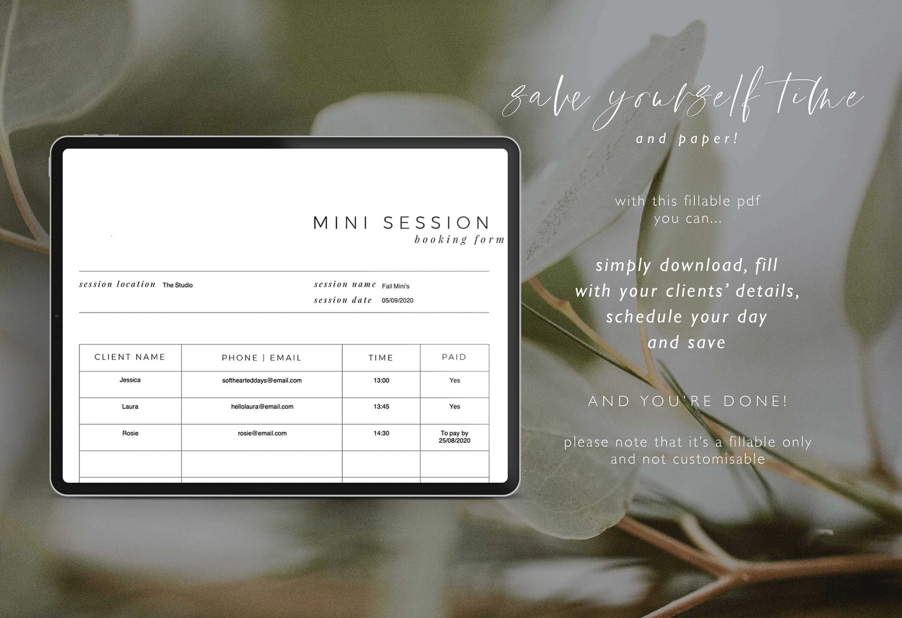 Booking Form for Mini Sessions, Printable Photo Shoot Register ...
